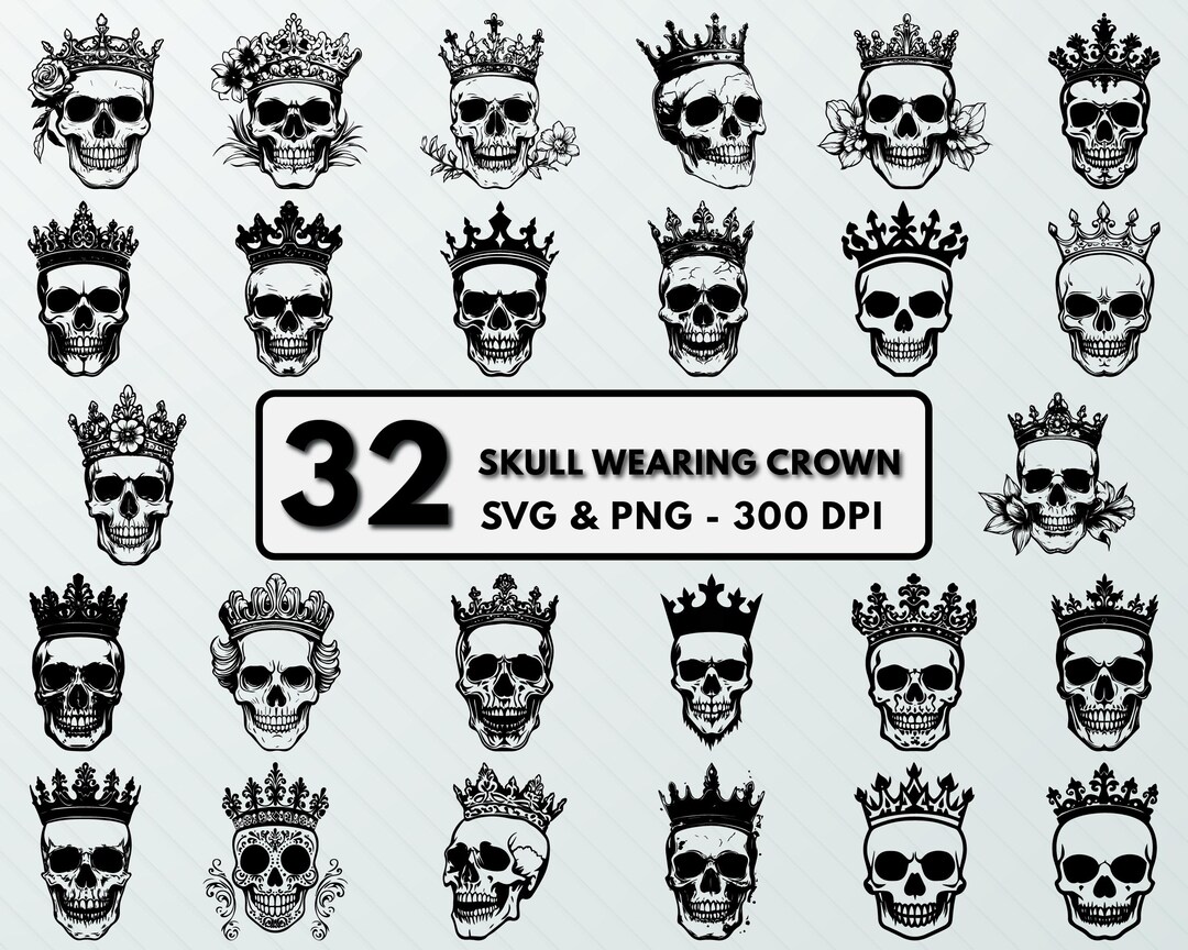 Skull Wearing Crown Svg, Crown Skull Flowers Png, Crowned Skul Clipart ...