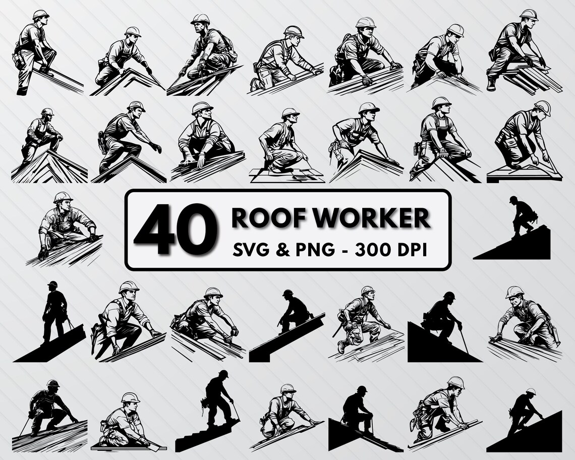 Roof Worker Silhouette SVG Bundle: Roofer Clipart, Constructor Outlines ...