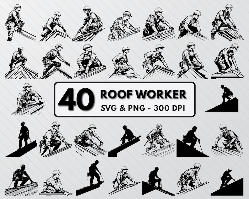 Roof Worker Silhouette SVG Bundle: Roofer Clipart, Constructor Outlines ...