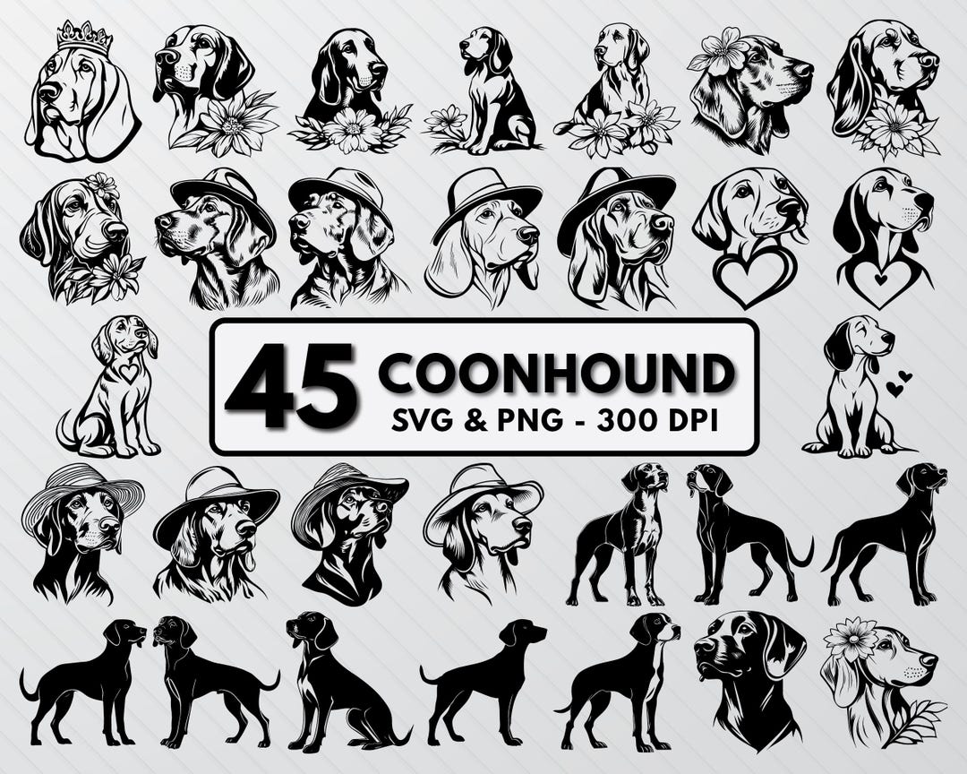 Coonhound Dog Silhouette Bundle: Clipart, Outlines, Decals (SVG, PNG ...
