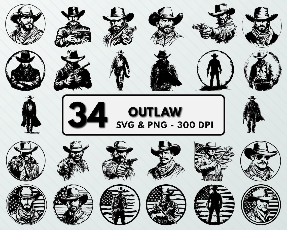 Cowboy Outlaw SVG PNG: Bandit Clipart, Wild West Design (digital ...