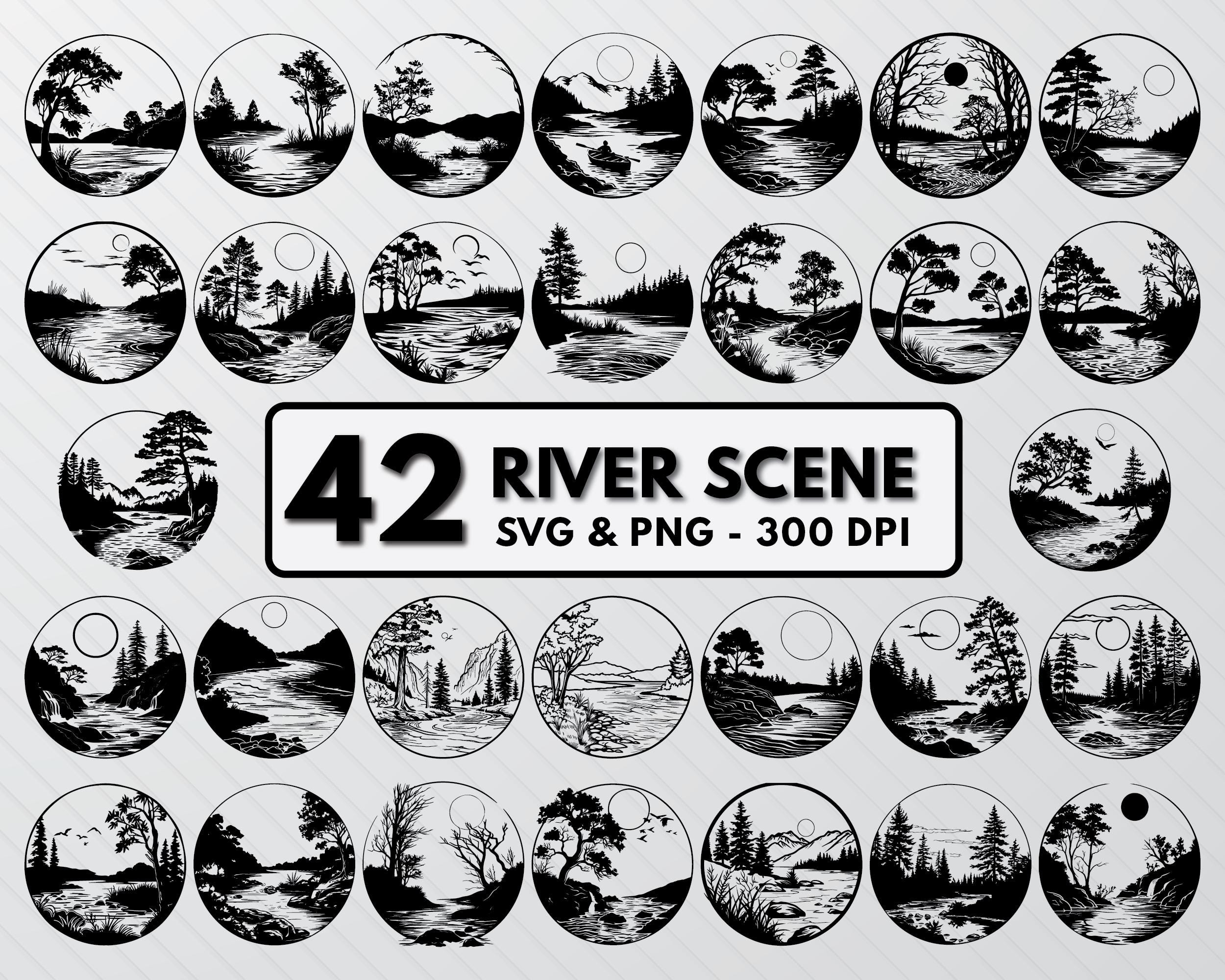 River Scene Silhouette Svg, River Scene Svg Bundle, River Clipart ...