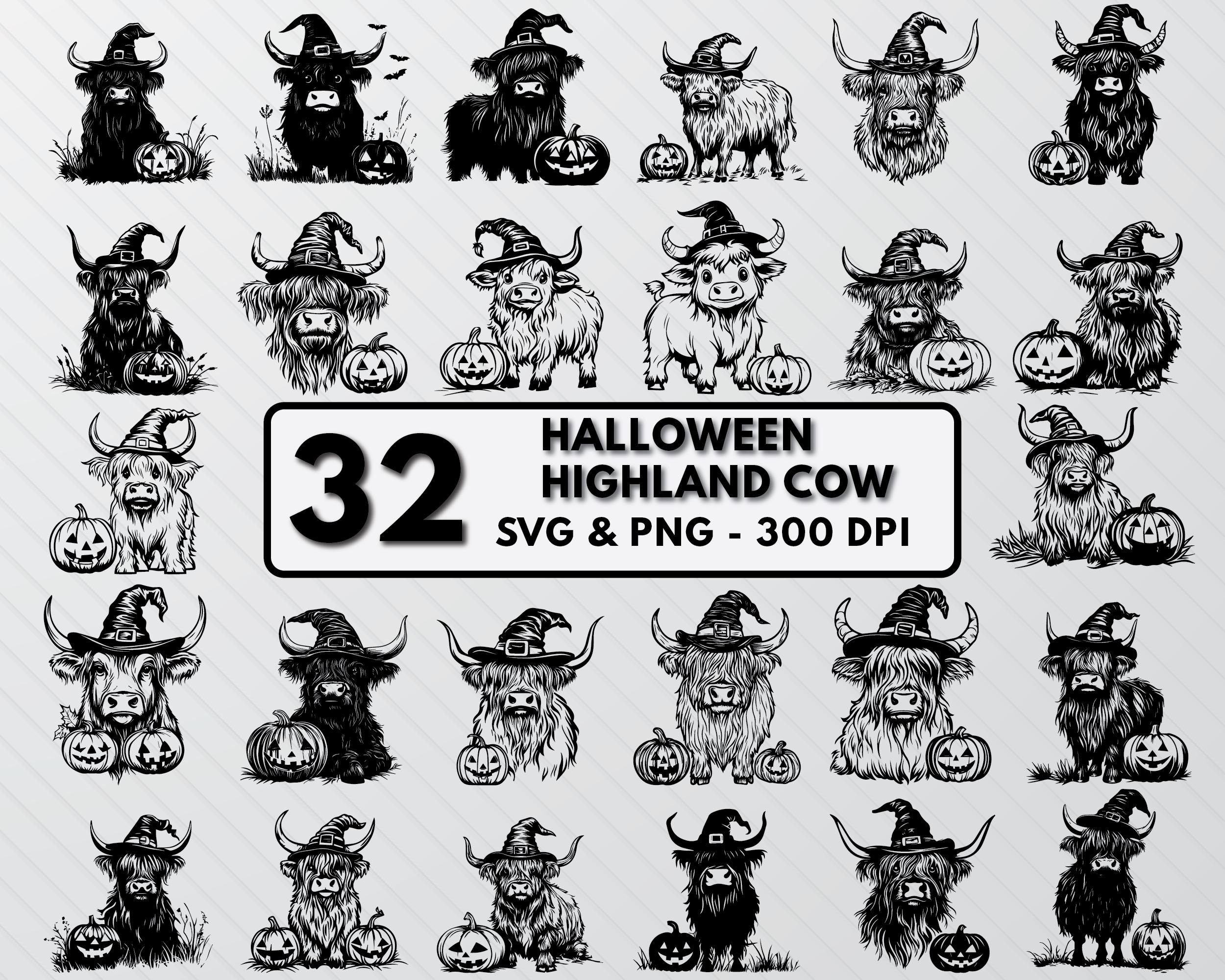 Halloween Highland Cow SVG Bundle: Silhouette Cut File, Clipart (PNG ...