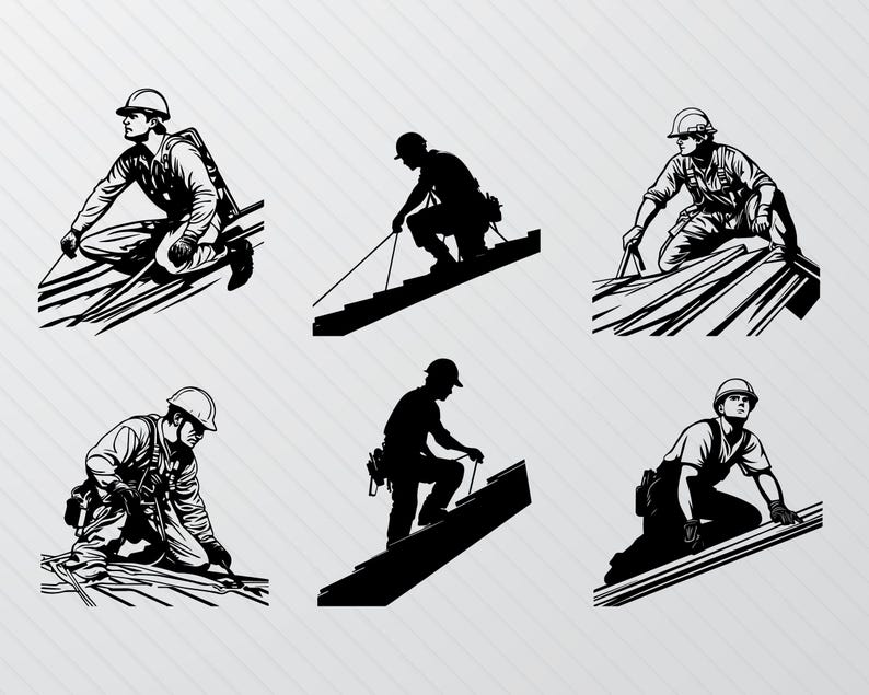 Roof Worker Silhouette SVG Bundle: Roofer Clipart, Constructor Outlines ...