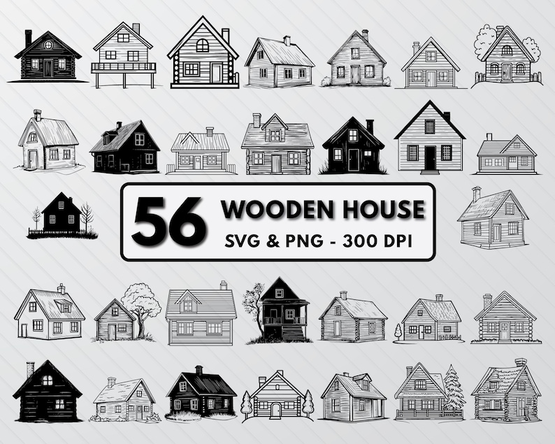 Cabin House SVG Bundle: Wood House Silhouette, Vector Clipart (digital ...