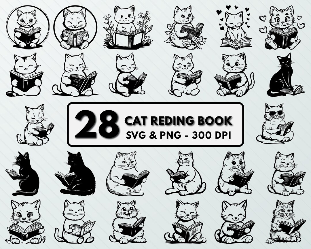 Cat Reading Book SVG PNG Bundle: Silhouette Clipart, Vector Cut Files ...