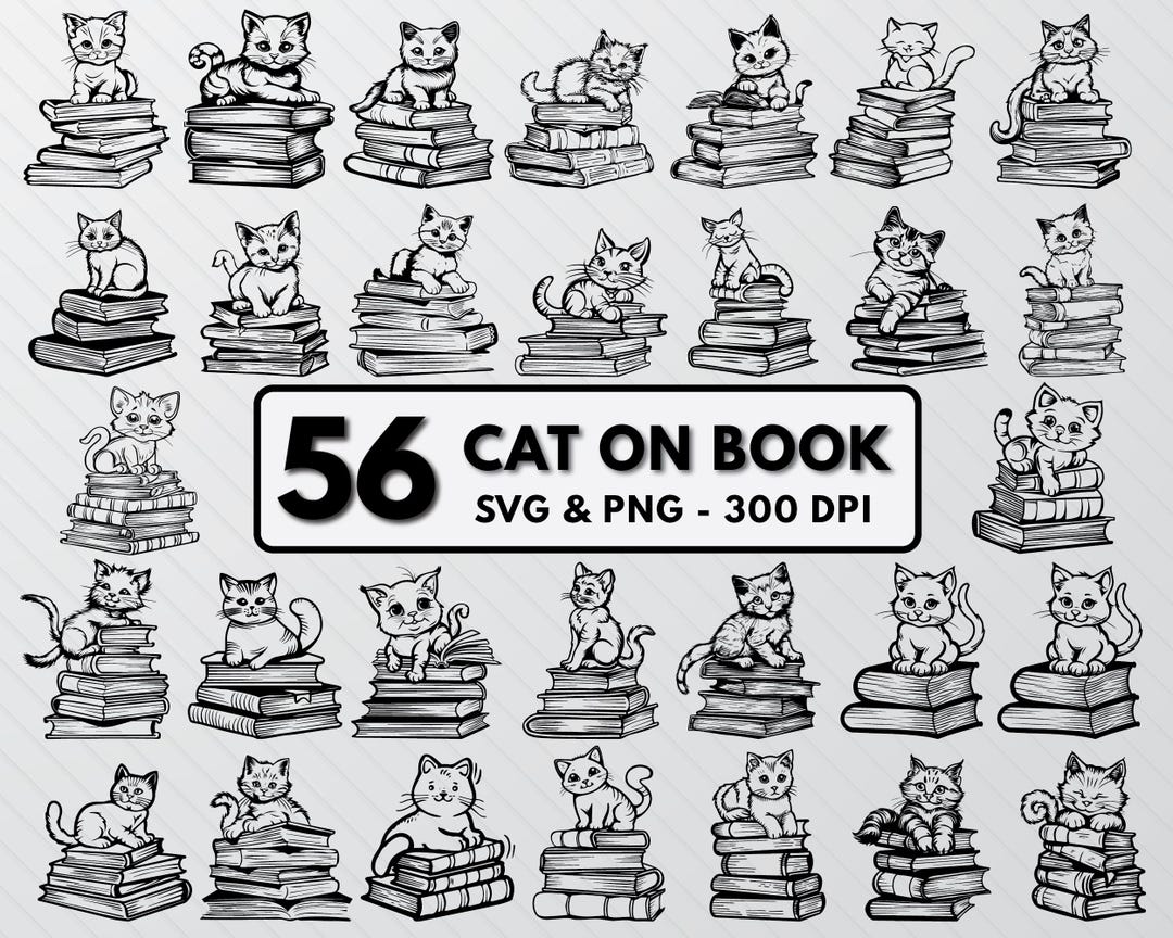 Cat on Book Silhouette Bundle Svg, Cat and Book Svg Bundle, Cats ...