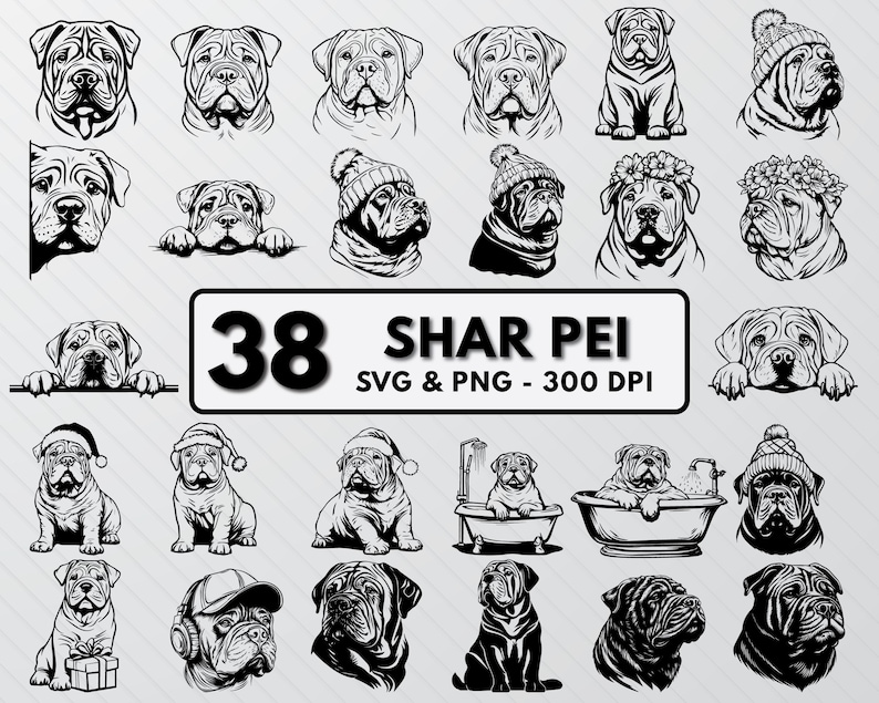 Shar Pei Svg Bundle, Shar Pei Silhouette Png, Dog Breeds Clipart, Shar ...