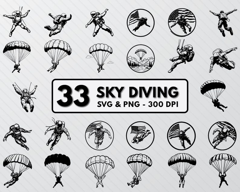 Sky Diving Svg Bundle, Sky Diving Silhouette Png, Parachute Fly Vector ...