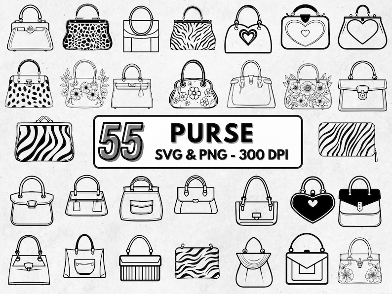 Handbag SVG Bundle: 58 Purse Silhouette Clipart (PNG) - Etsy