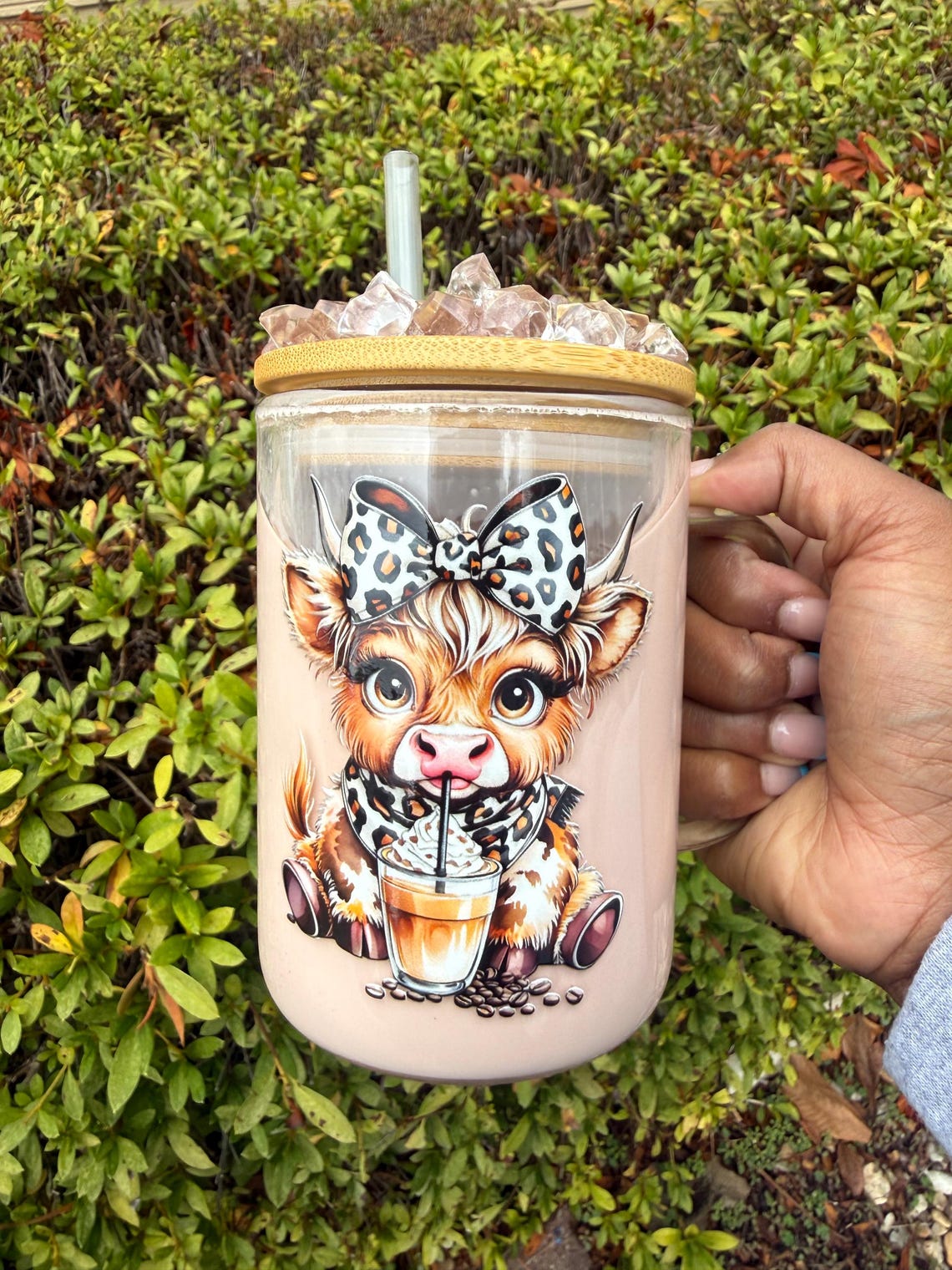 Highland Cow Iced Coffee Glass | Leopard Bow, Bamboo Lid & Straw - Etsy