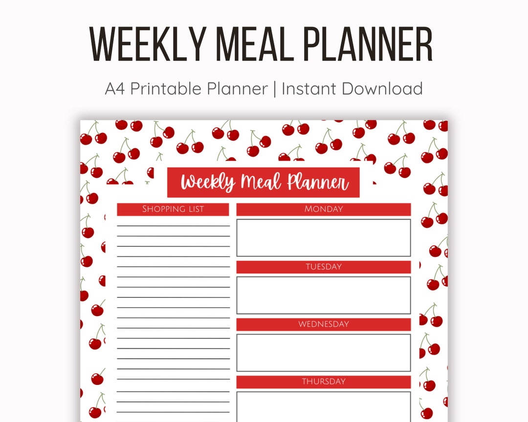 Cherry Weekly Meal Planner A4 Printable PDF | Groceries List | Instant Download - Etsy