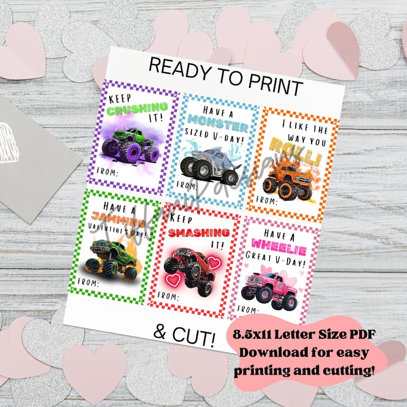 Printable Monster Truck Valentine Cards Set of 6, Canva Classroom ...