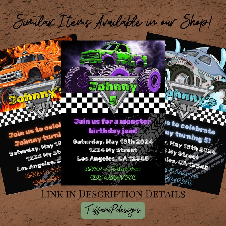 Custom Monster Truck Birthday Invitation: Green & Purple (printable ...