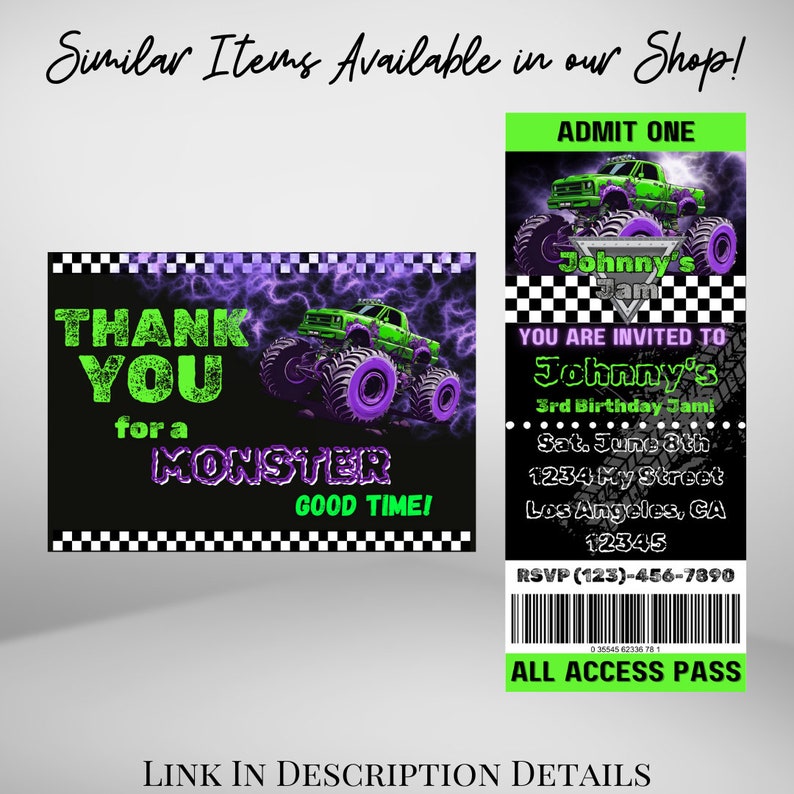 Custom Monster Truck Birthday Invitation: Green & Purple (printable ...