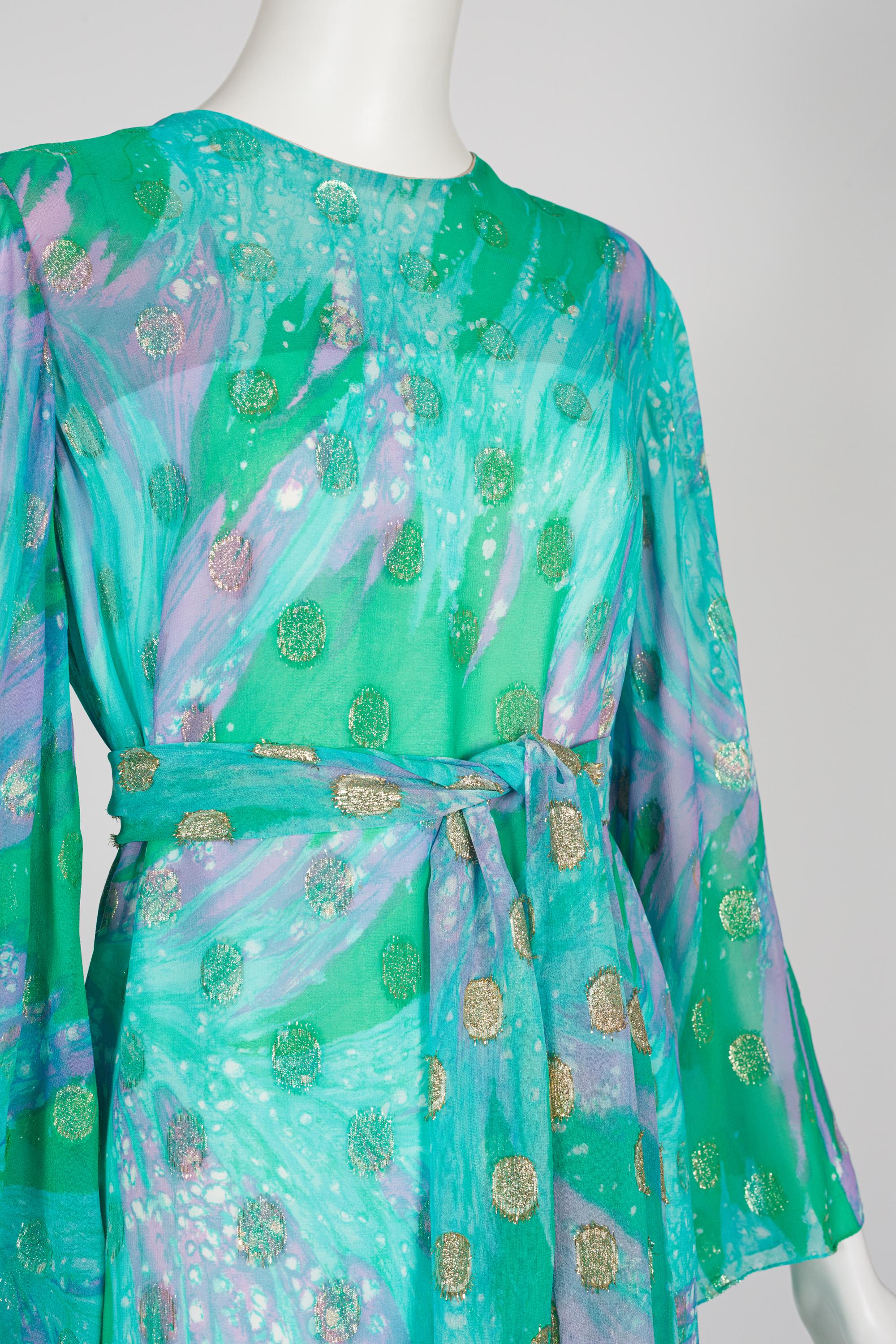 Nat Kaplan Couture 1970s Vintage Gold Lurex Silk Chiffon Caftan Evening ...