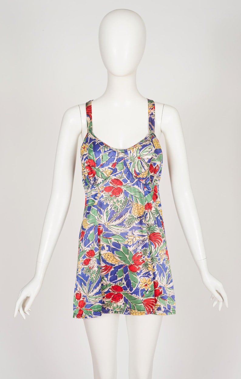 1930s 1940s Vintage Tropical Pineapple Print Satin Lastex Crossback ...
