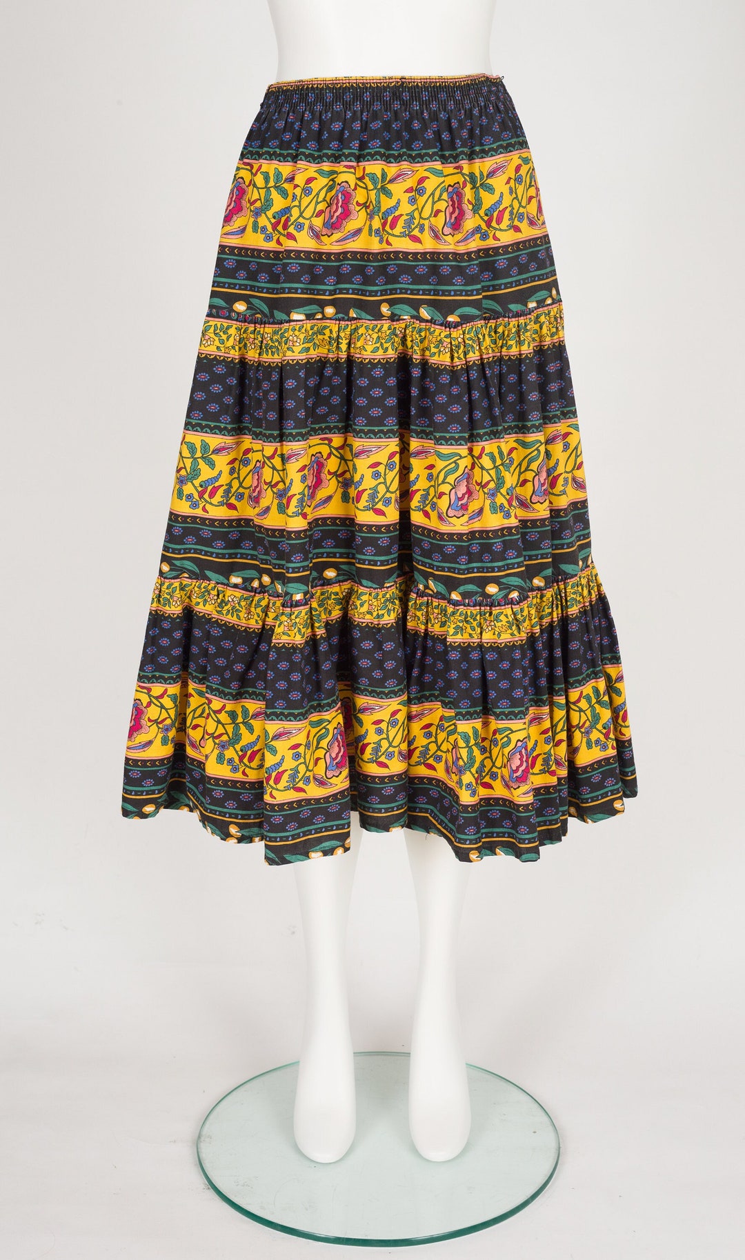 1980s Vintage French Provencal Floral Cotton Tiered Midi Skirt Sz XS-L ...