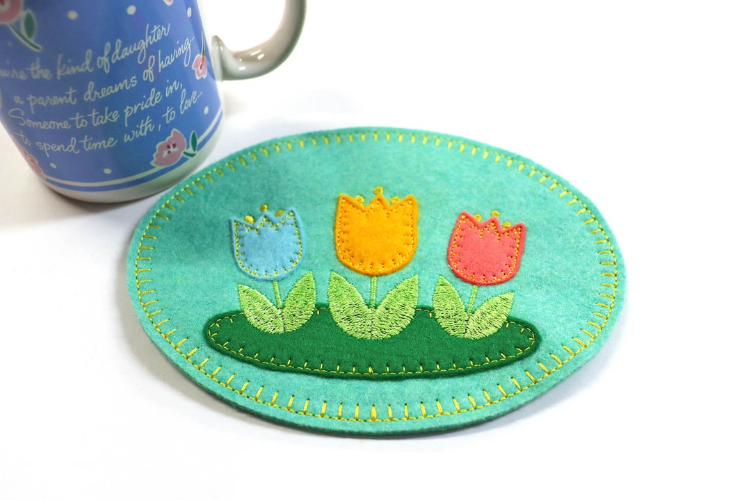 Wool Felt Tulip Mug Rug. Spring Green Tulip Coaster. Embroidered Floral ...
