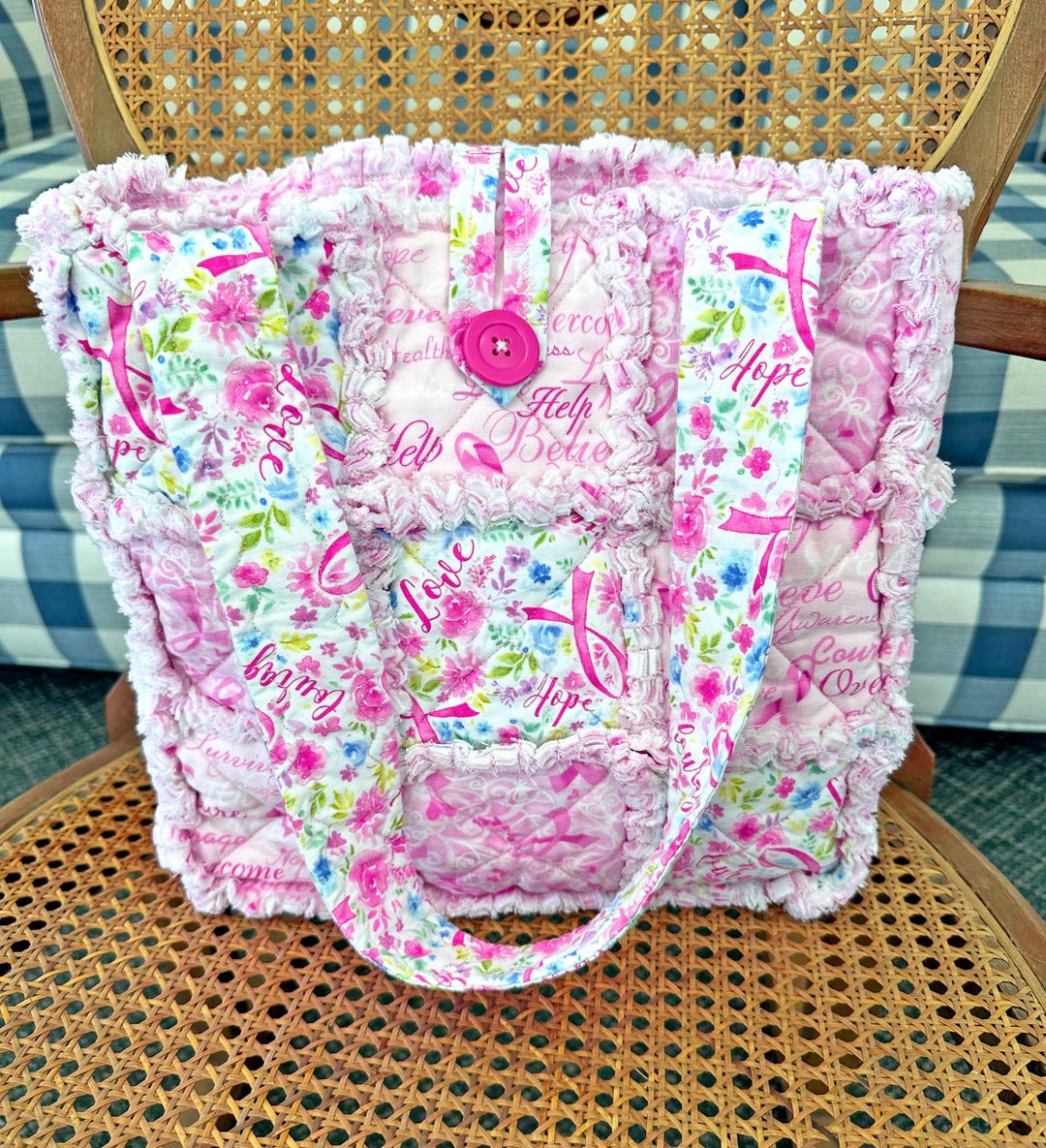 Pink Ribbon Rag Quilt Tote Bag With Pockets: Breast Cancer Awareness ...