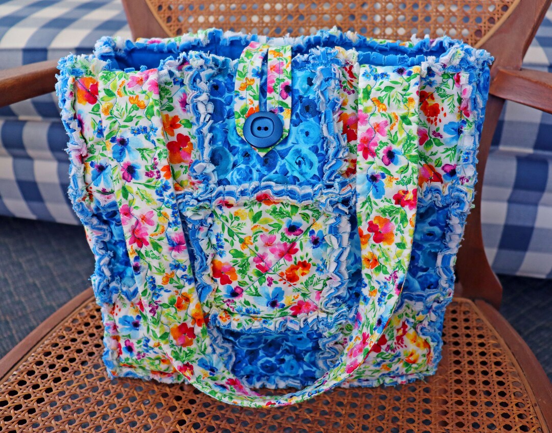 Blue Flowers Rag Tote. Rag Quilt Tote. Floral Bag. Gift for Mom. Craft ...