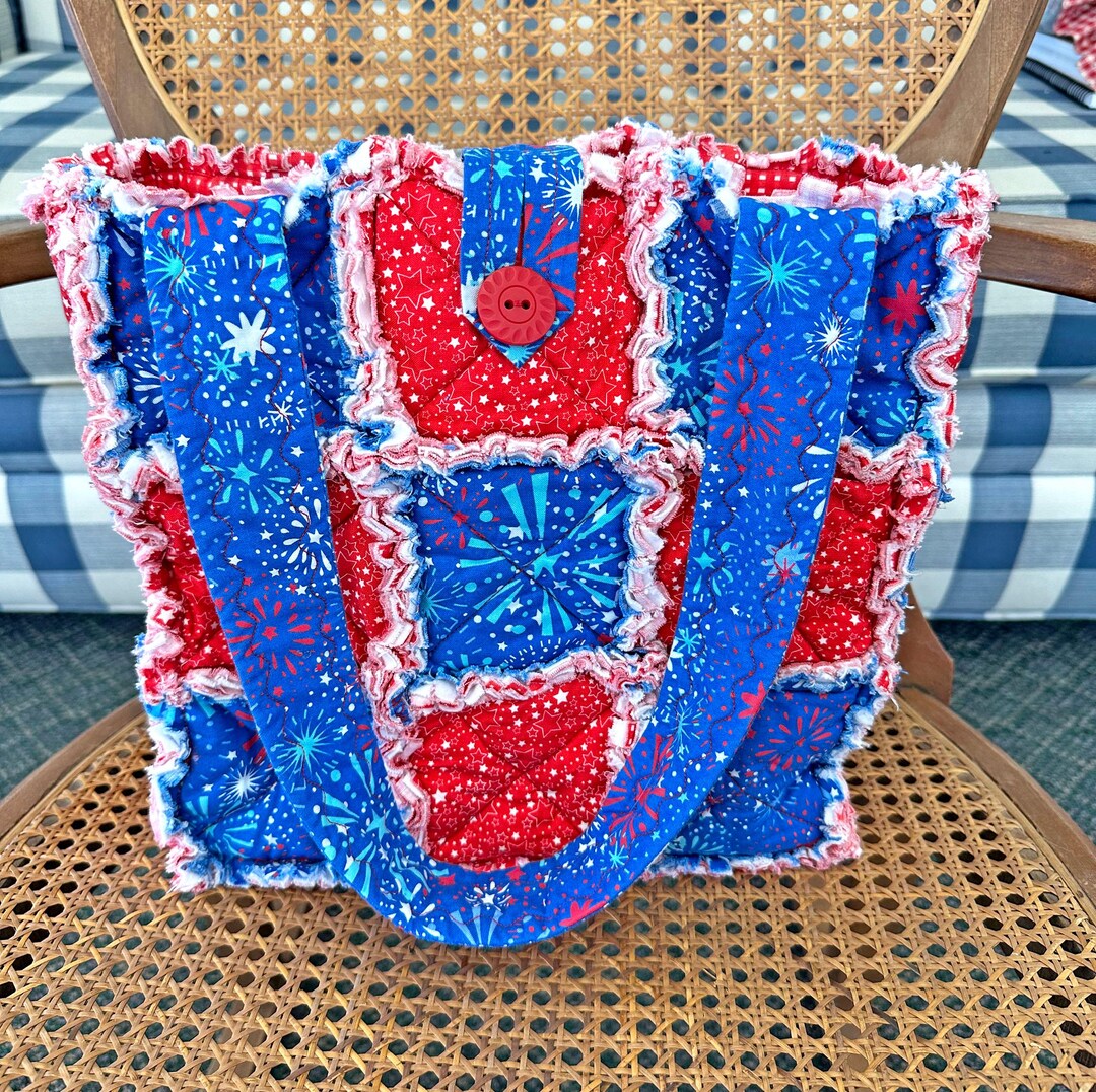 Patriotic Fireworks and Stars Rag Tote. Rag Quilt Tote. Summer Gift for ...