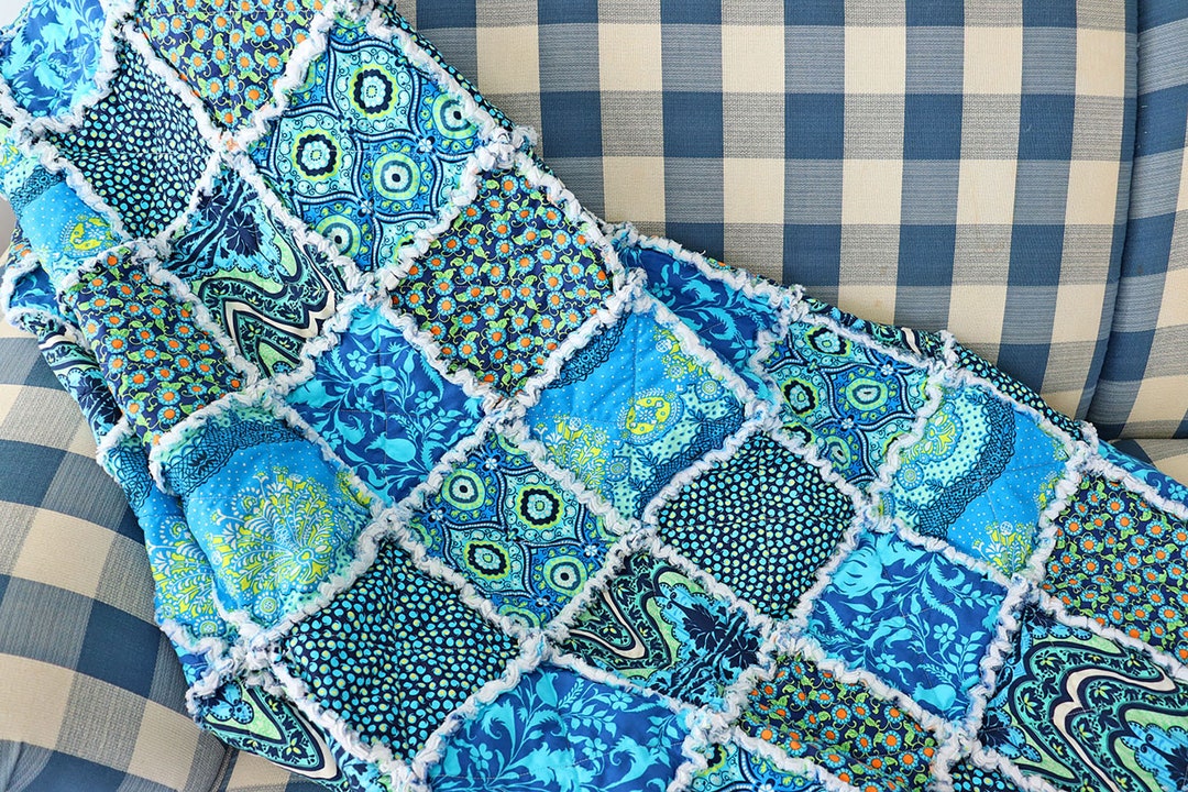 Blue and Green Rag Quilt: Amy Butler Lark Fabrics, Lap Quilt Throw - Etsy
