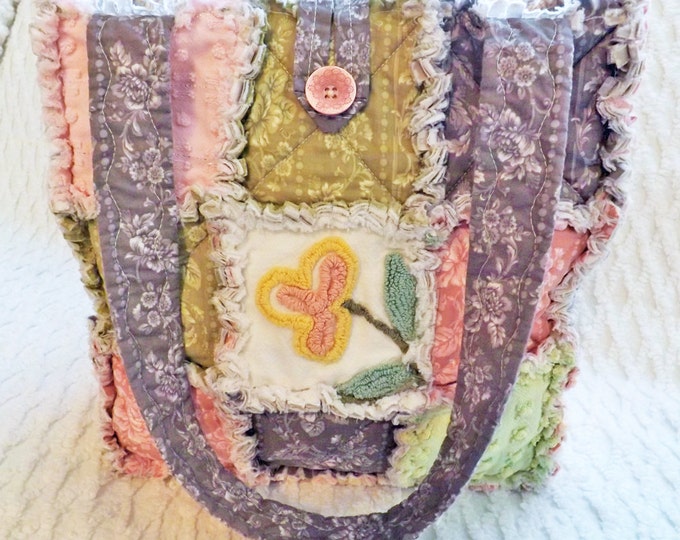 Rag Quilt Tote Made With Vintage Chenille Pink Green Gray - Etsy