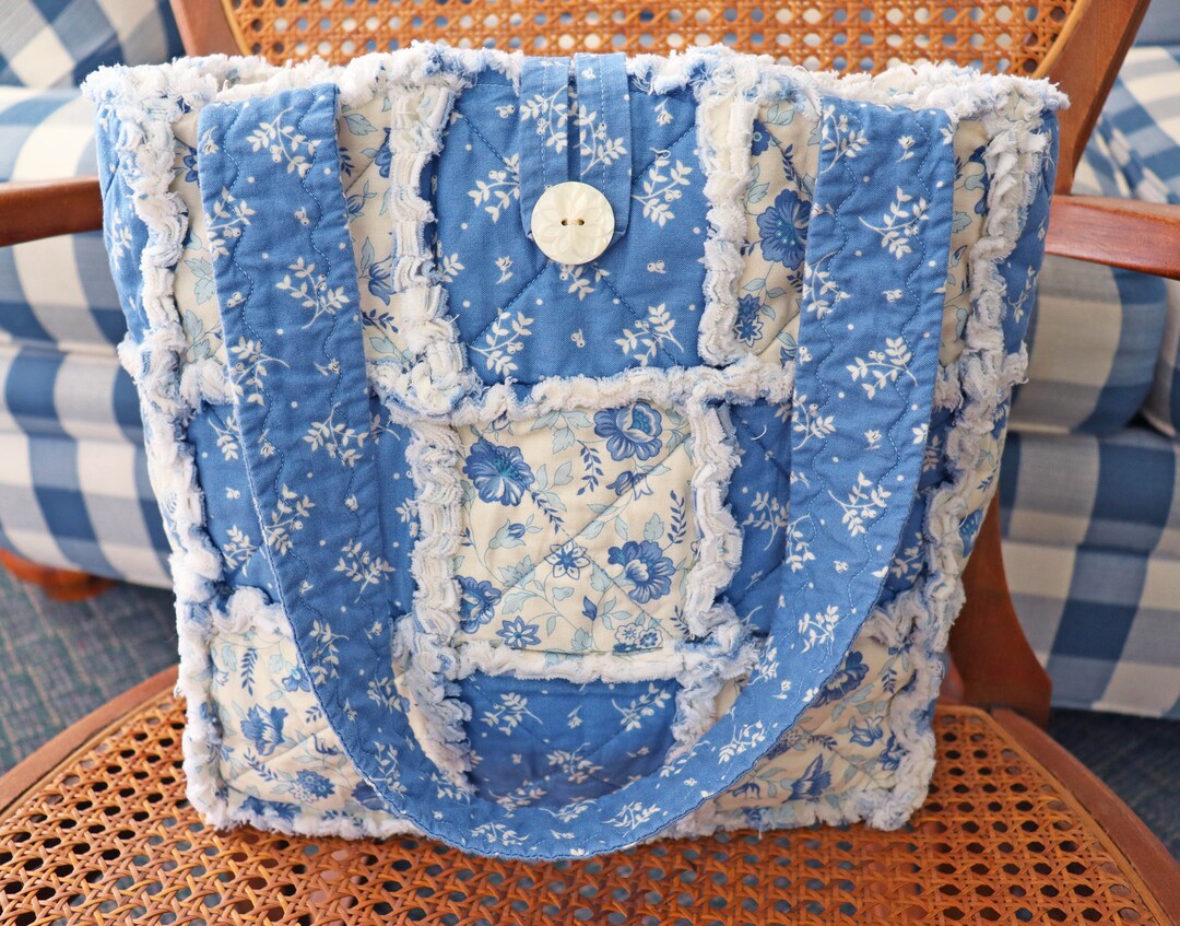 Blue and White Floral Rag Tote. Rag Quilt Tote. Flower Bag. Gift for ...