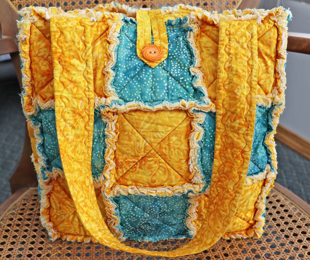 Mustard Yellow and Teal Batik Rag Tote. Fall Colors Tote. Rag Quilt ...