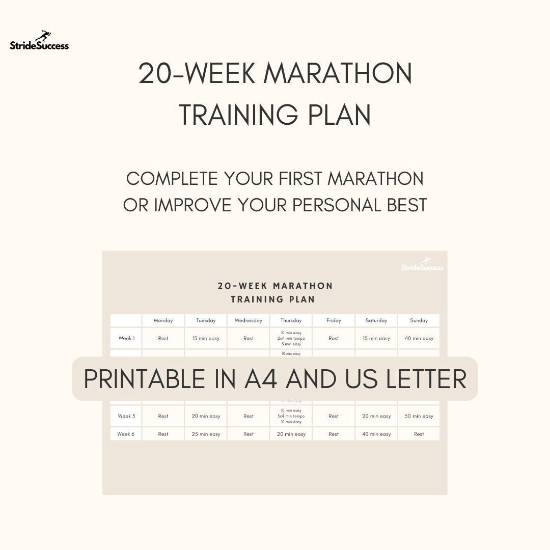 Printable 20-week Marathon Training Plan A4 US Letter, First Marathon ...