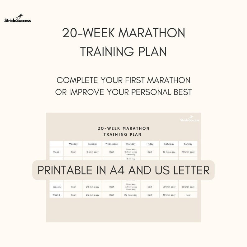 Printable 20-week Marathon Training Plan A4 US Letter, First Marathon ...