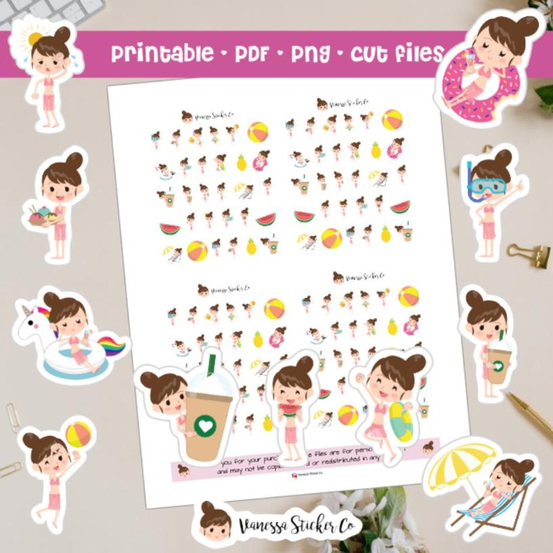 Summer Planner Stickers, Printable Summer Character Stickers, Vanessa ...