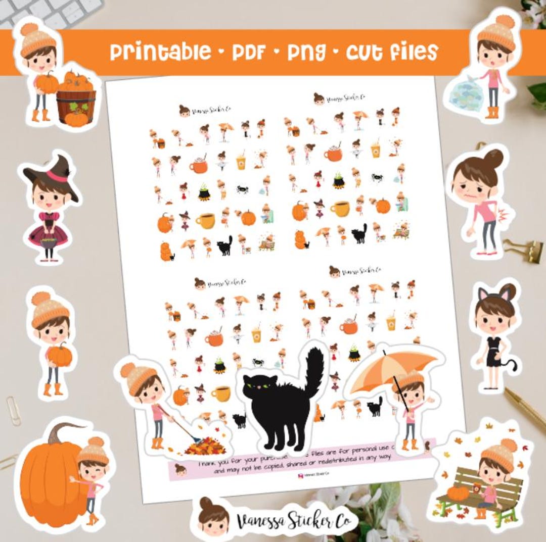 October Planner Stickers, Printable October Character Stickers, Vanessa ...