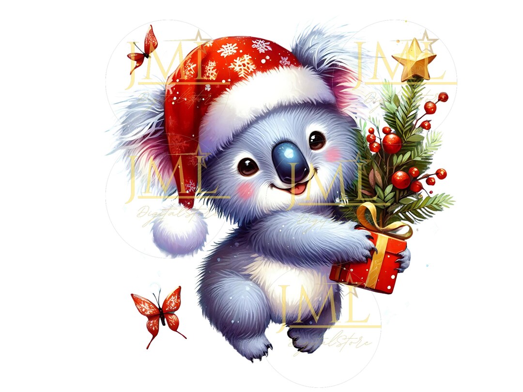 Cute Koala Christmas PNG, Cute Koala Bear With Santa Hat and Gift ...