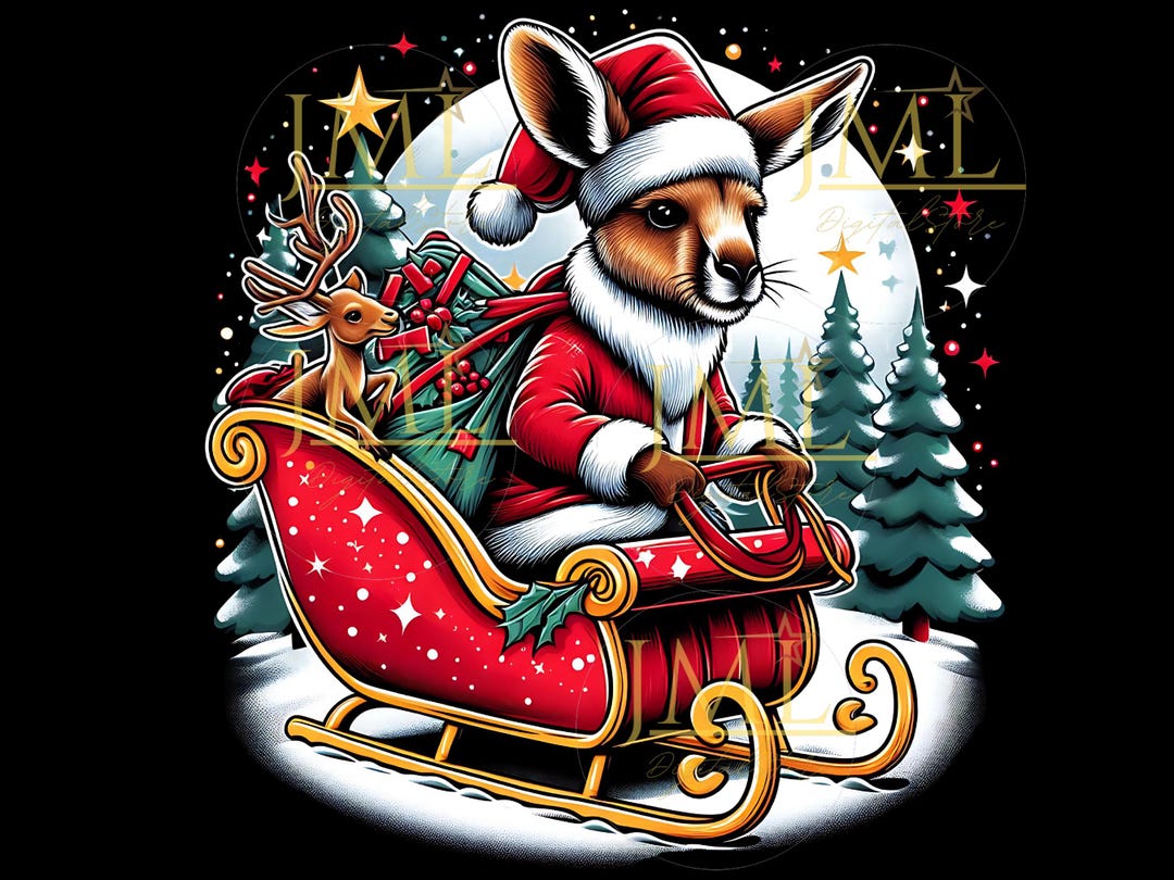 Kangaroo in Santa Outfit on Christmas Sleigh Png, Winter Forest ...