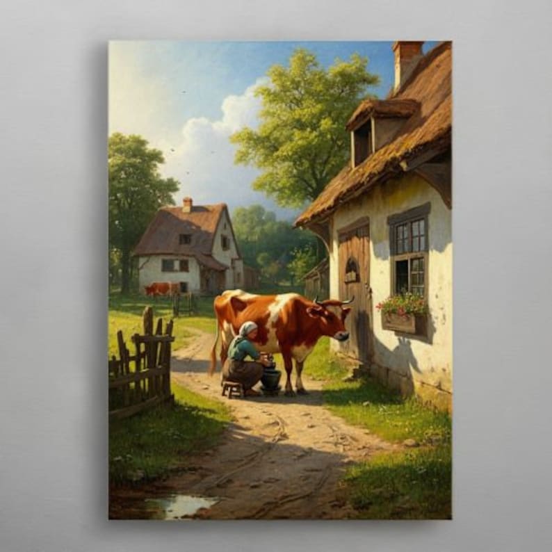 Rural Life Art, Woman Milking Cow, Farmhouse Decor, Country Life Mural ...