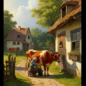 Rural Life Art, Woman Milking Cow, Farmhouse Decor, Country Life Mural ...