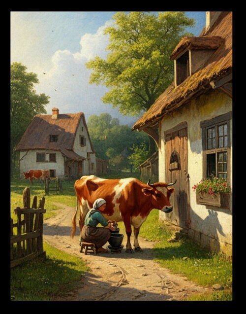Rural Life Art, Woman Milking Cow, Farmhouse Decor, Country Life Mural ...