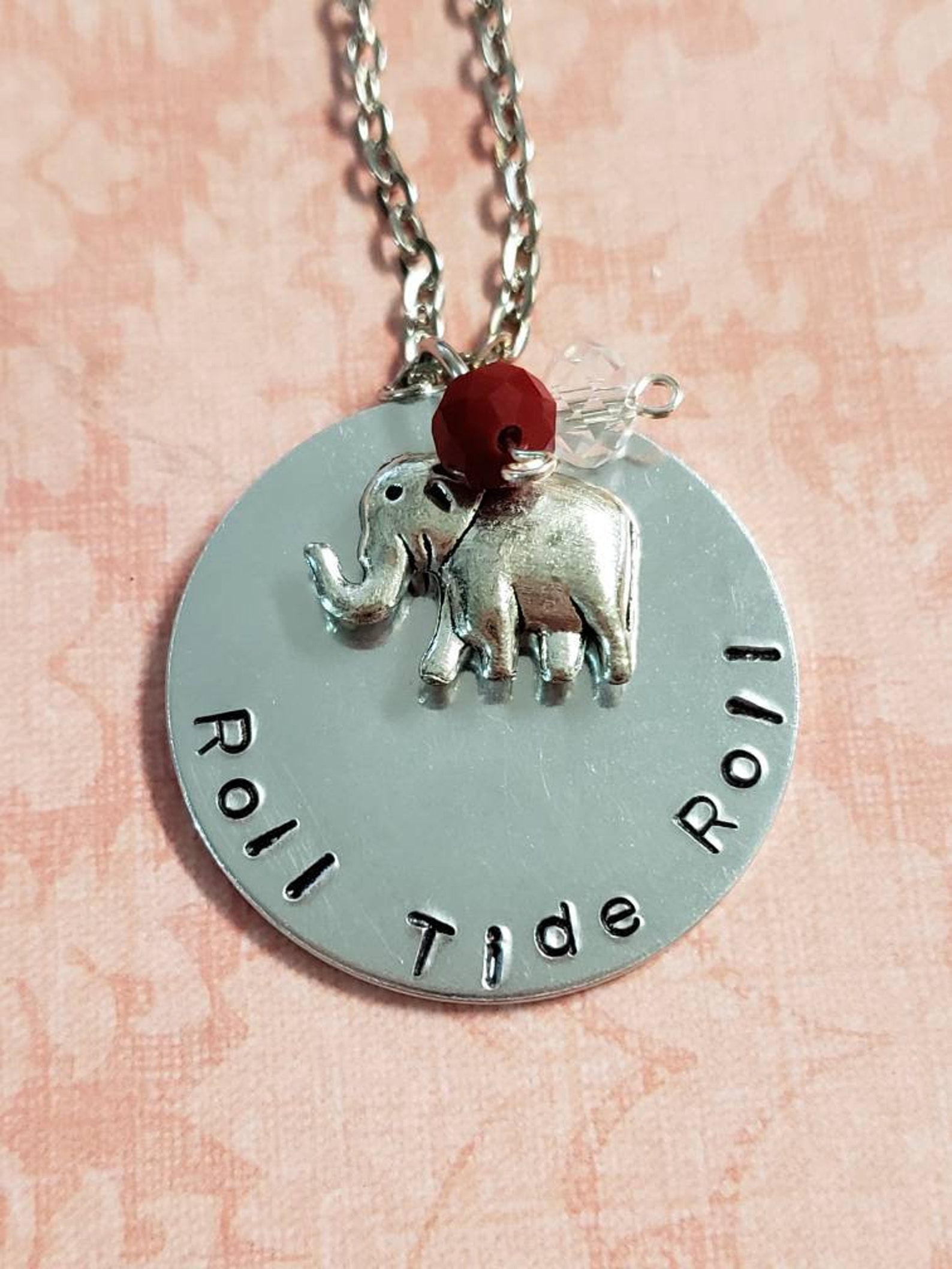 Hand Stamped Alabama Crimson Tide Roll Tide Roll Necklace With Elephant ...