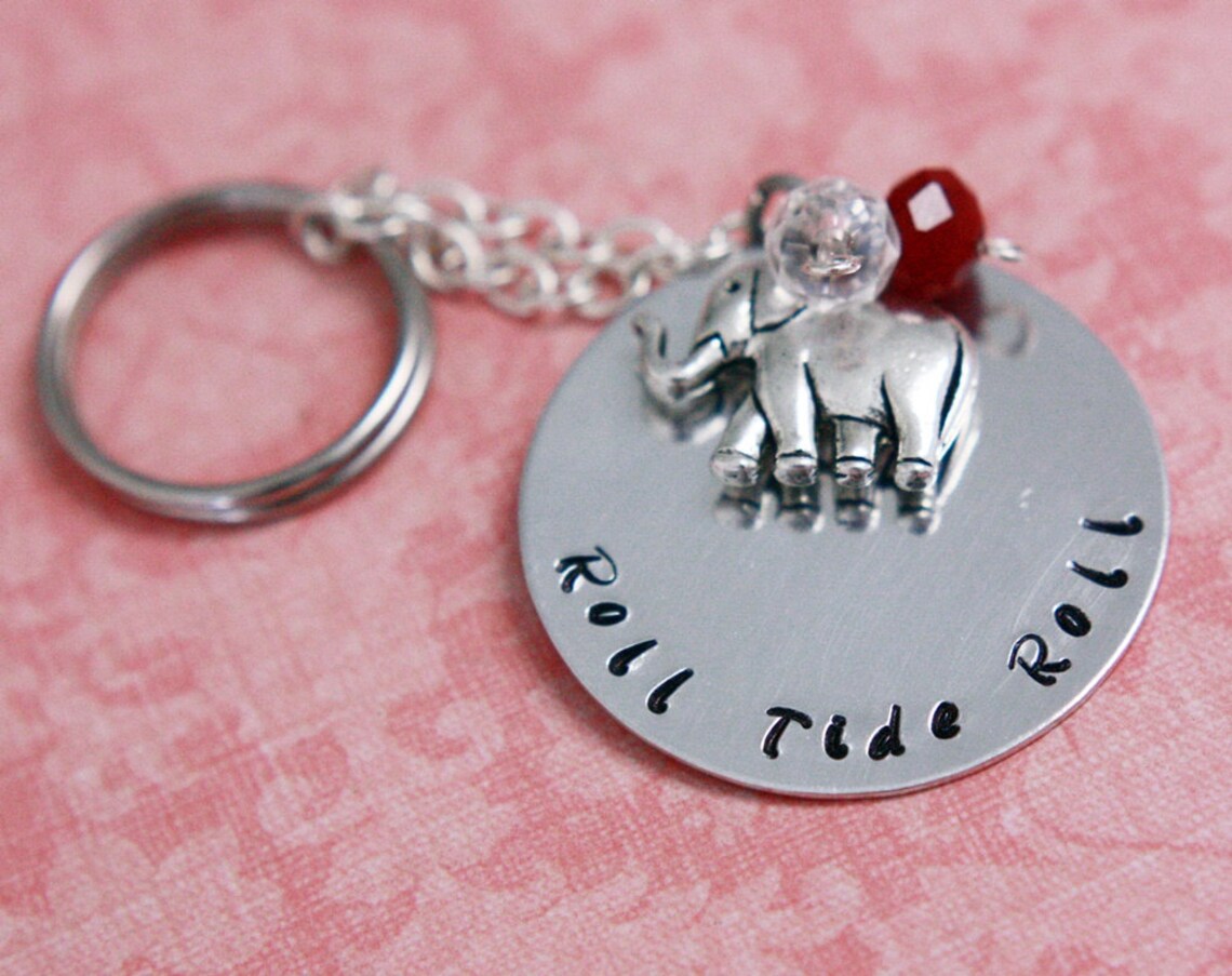 Hand Stamped Alabama Crimson Tide Keychain With Elephant Charm - Etsy