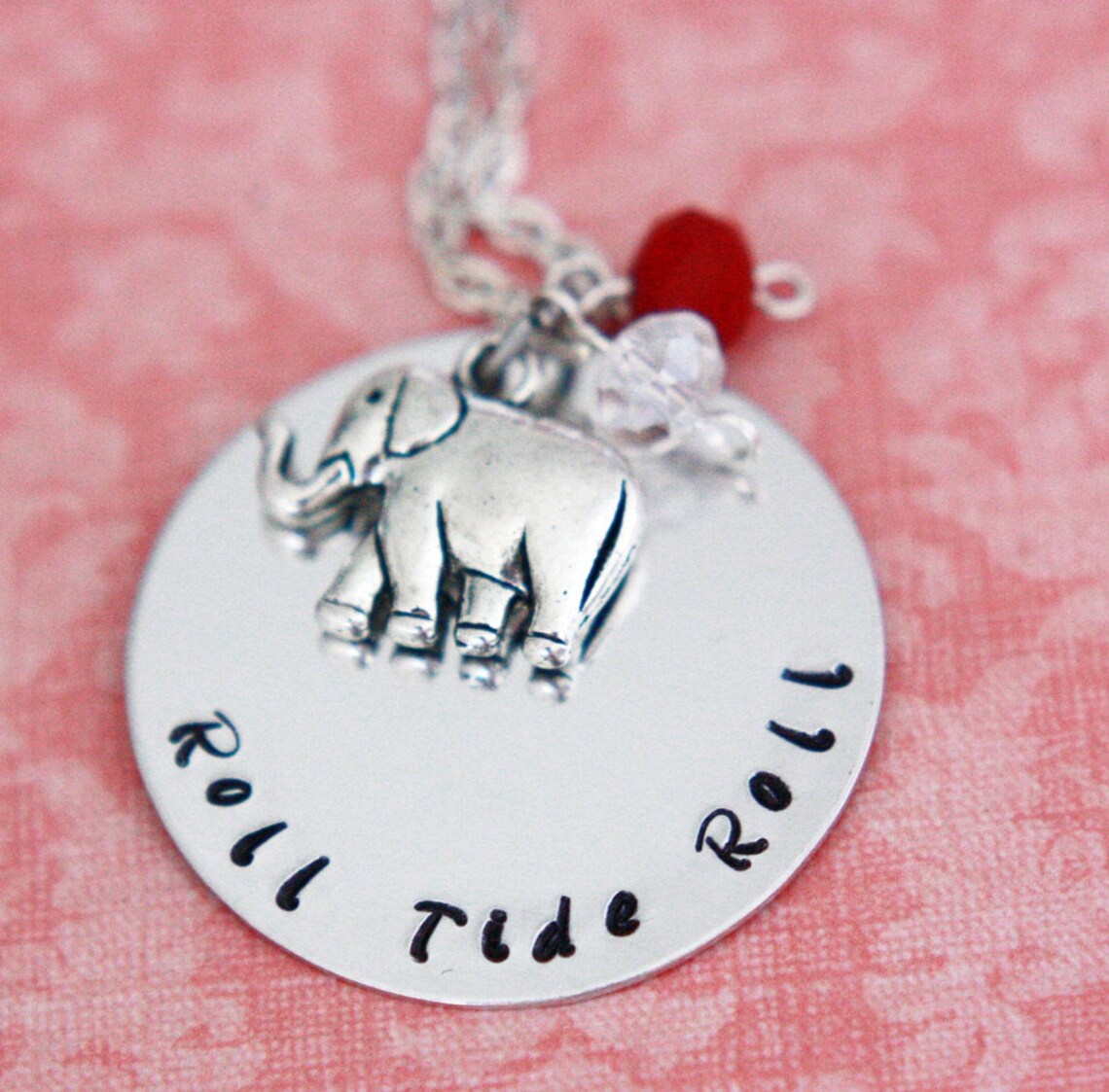 Hand Stamped Alabama Crimson Tide Roll Tide Roll Necklace With Elephant ...