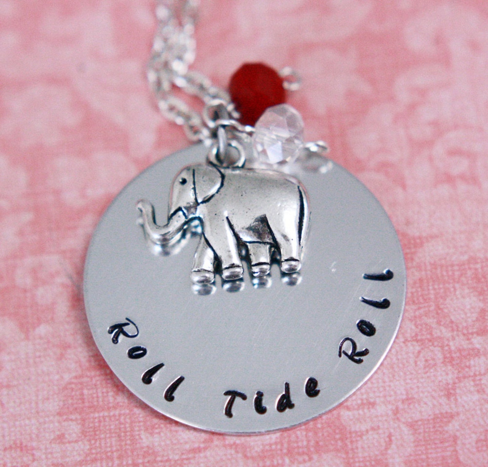 Hand Stamped Alabama Crimson Tide Roll Tide Roll Necklace With Elephant ...