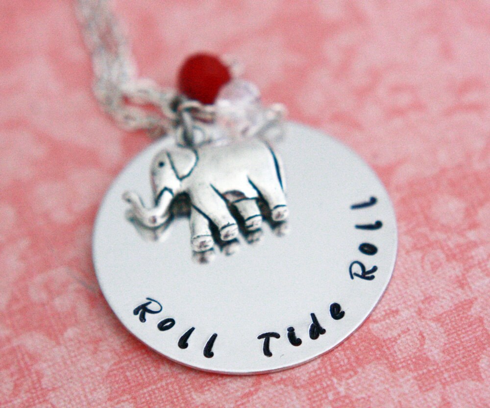 Hand Stamped Alabama Crimson Tide Roll Tide Roll Necklace With Elephant ...
