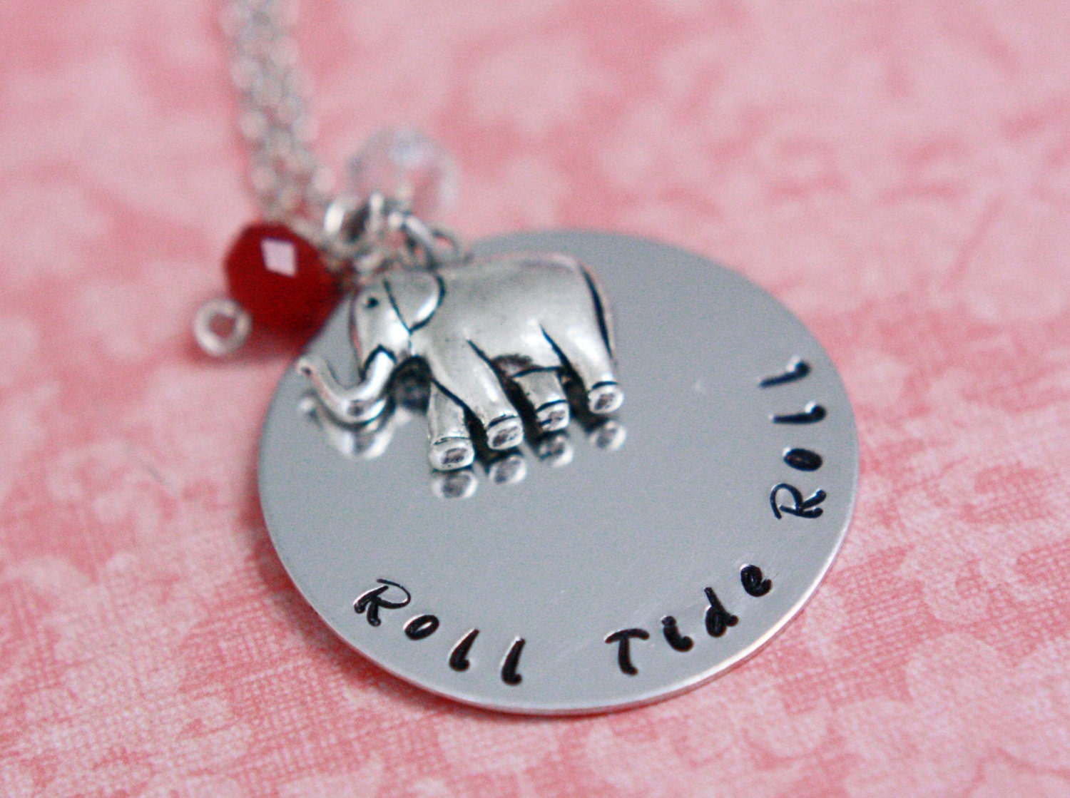 Hand Stamped Alabama Crimson Tide Roll Tide Roll Necklace With Elephant ...