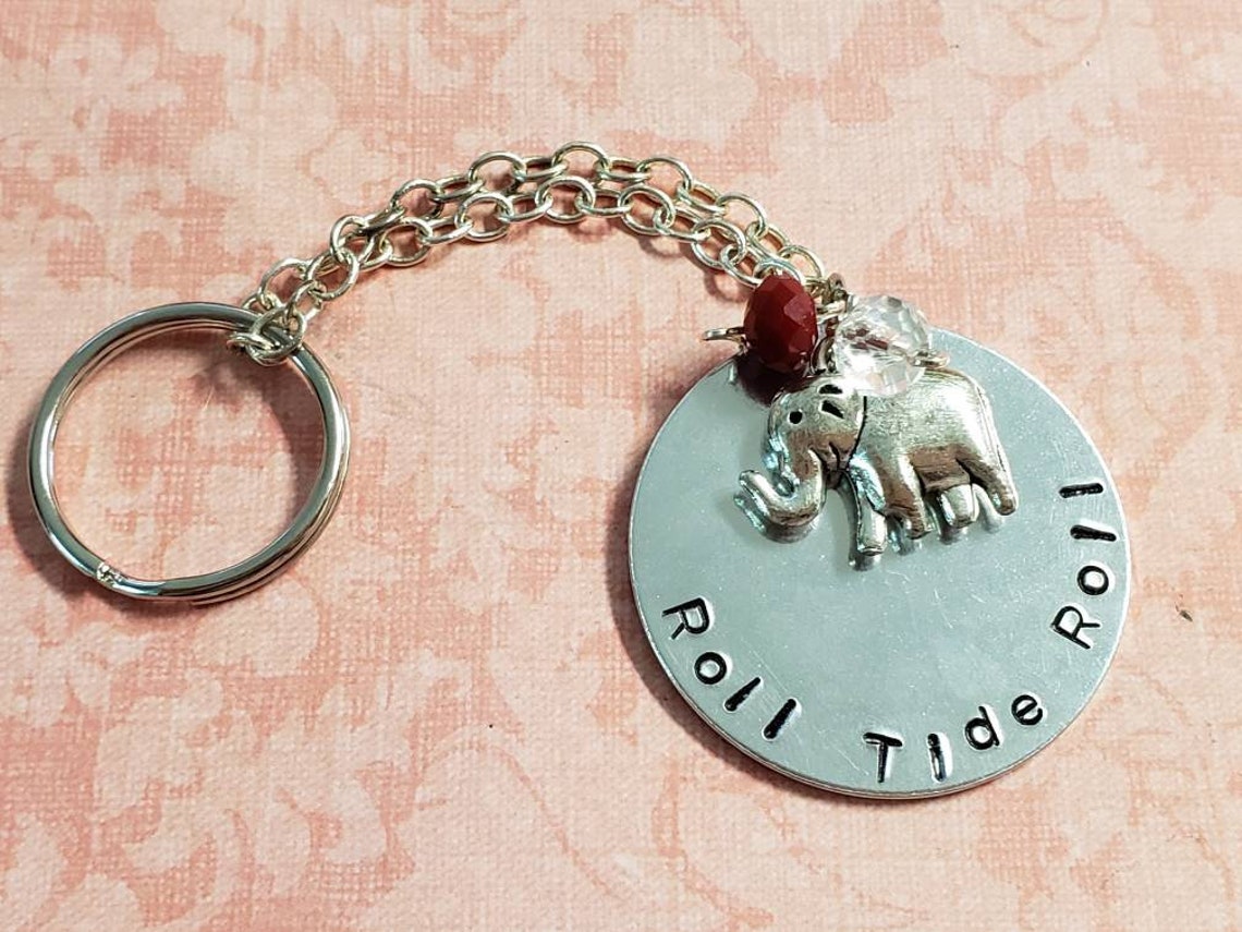 Hand Stamped Alabama Crimson Tide Keychain With Elephant Charm - Etsy
