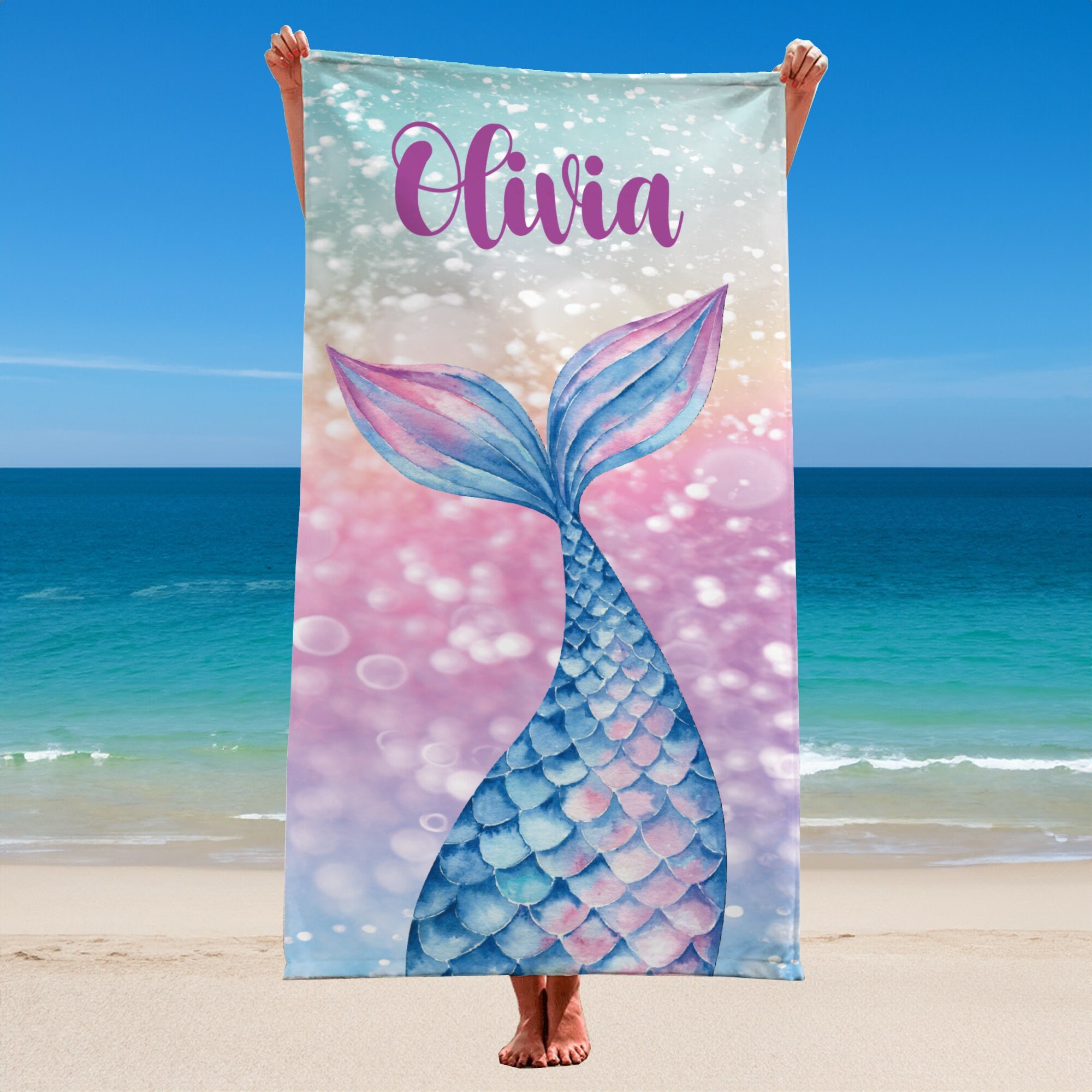 Mermaid Tail Custom Name Beach Towel, Personalized Mermaid Party Favors ...