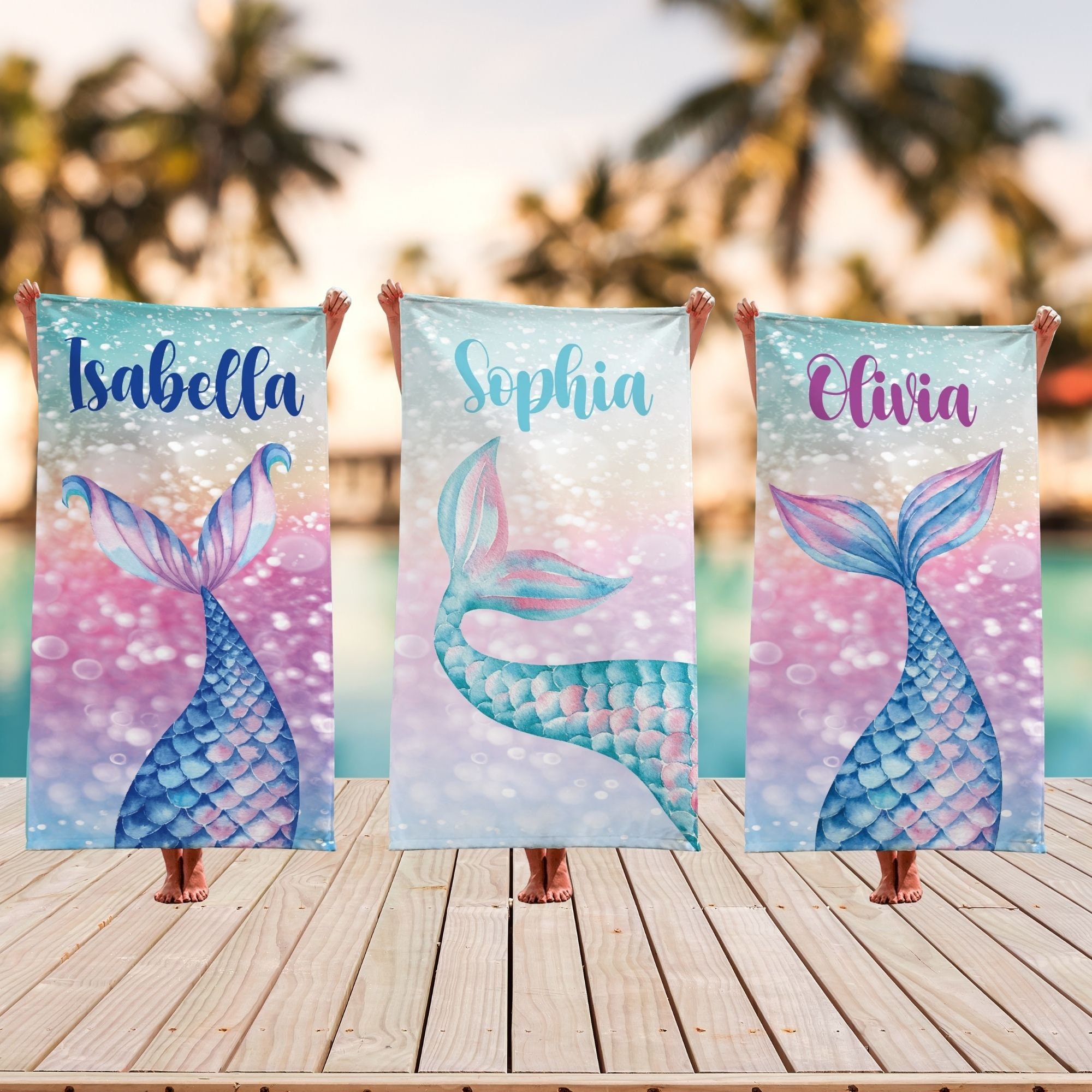 Mermaid Tail Custom Name Beach Towel, Personalized Mermaid Party Favors ...