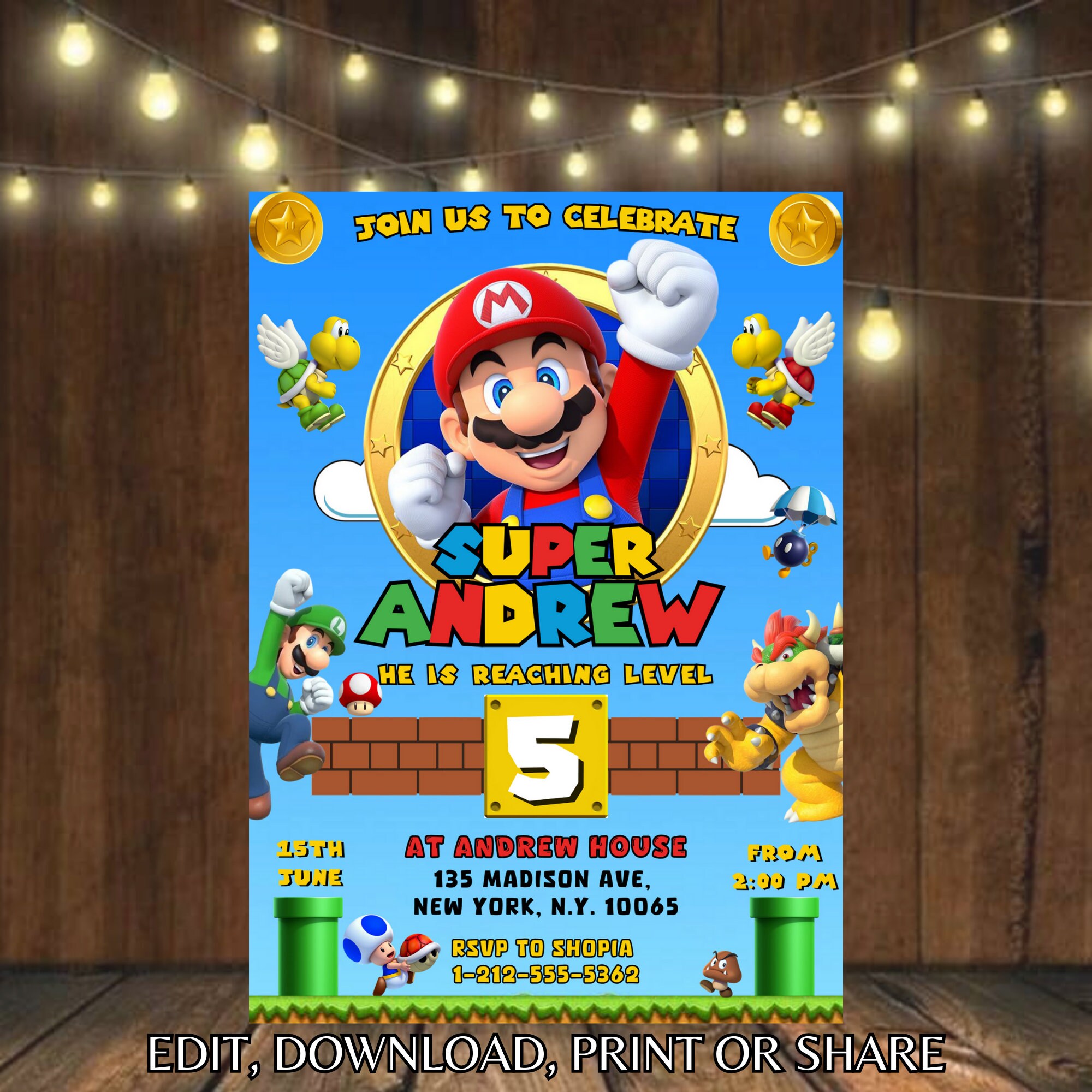Invitación editable de Mario Bros, invitación de cumpleaños de Super ...