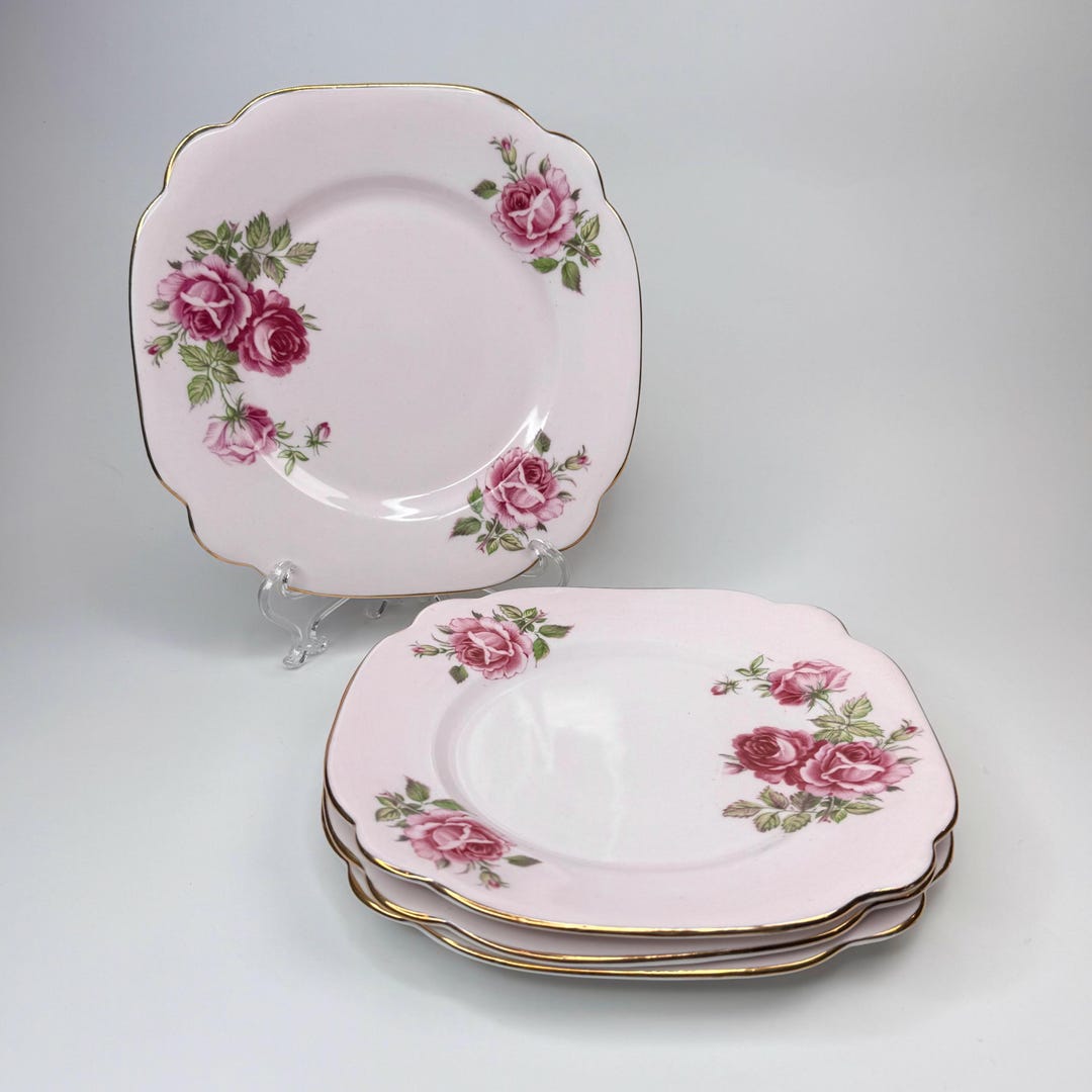 Set of 4 Vintage Windsor “rose Elegance” Pink Roses Plates, Square ...